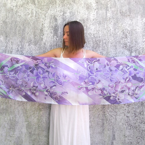Silk Scarf Purple Iris Hand Painted Scarves With Violet - Etsy