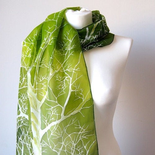 Long Silk Scarves White Tree in Green Scarf Hand Painted Hand - Etsy