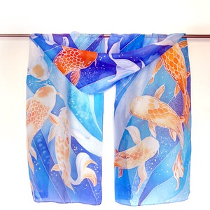 Blue Silk Scarf With Fish, Hand Painted Koi Fish, Lucky Charm Gift for ...