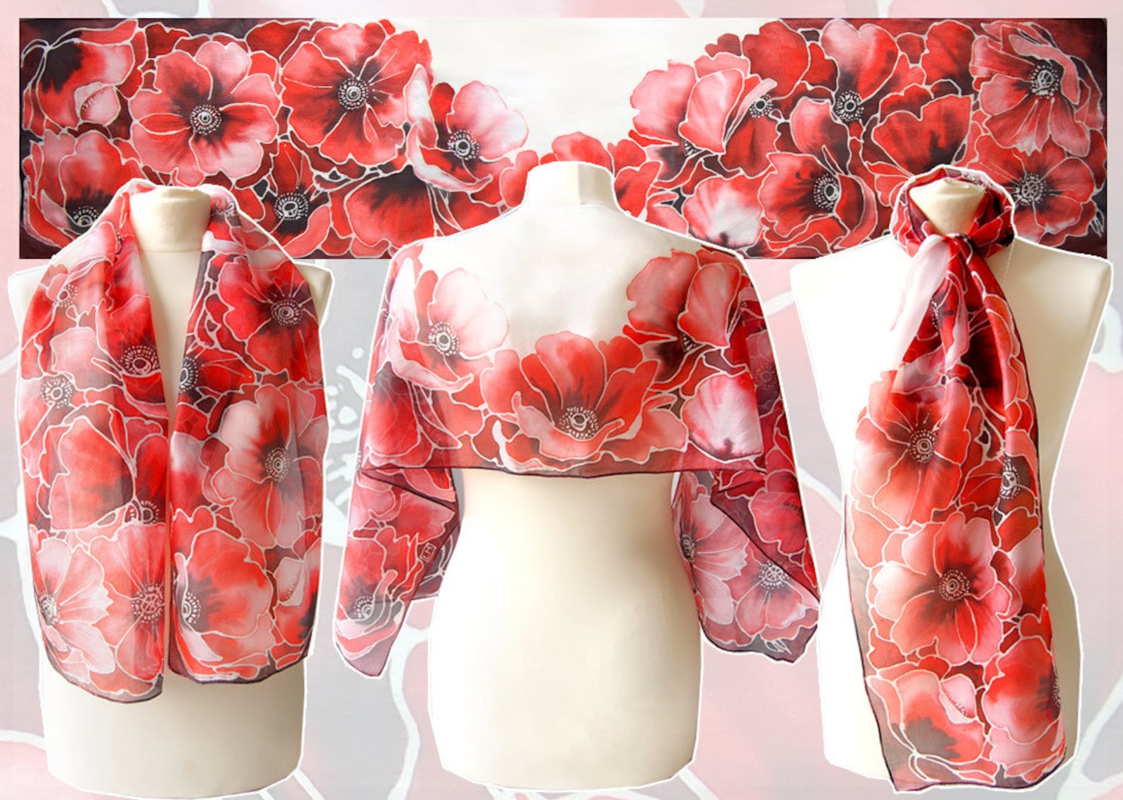 Red Poppies Silk Scarf Hand Painted Scarves Vivid Red Poppy | Etsy