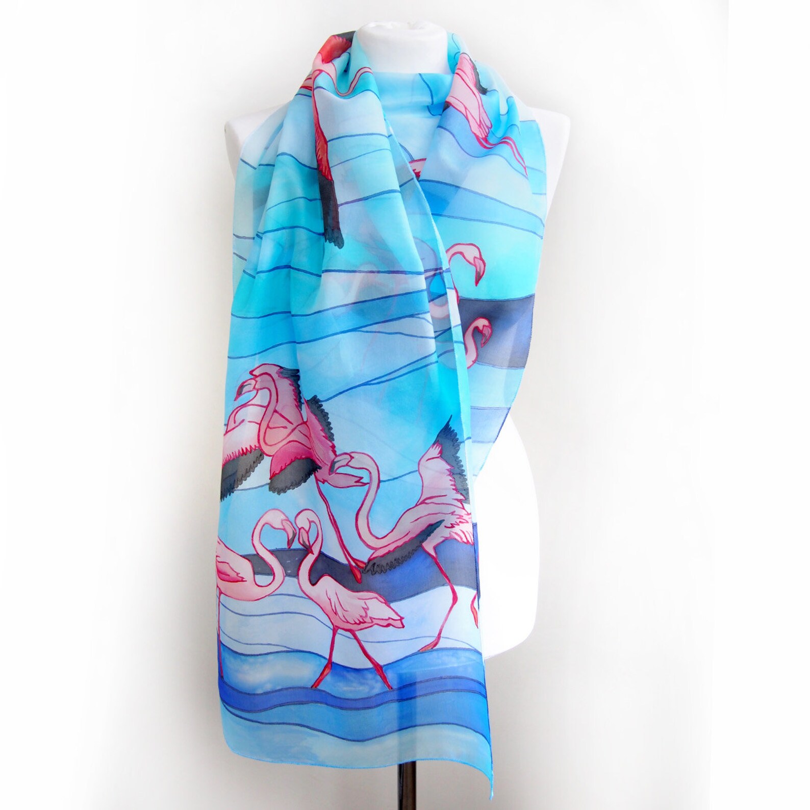 Flamingo Scarf Pink Birds Hand Painted on Pure Silk Scarves in Blue ...
