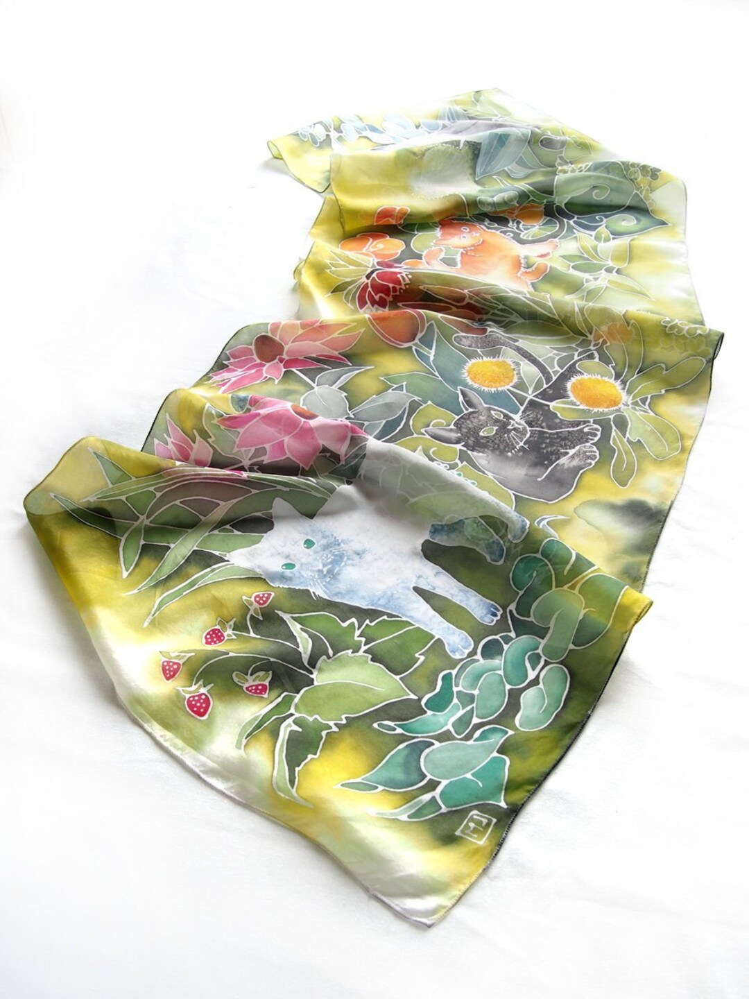 Cats Scarf, Hand Painted on Silk With Animals and Flowers. Personalized ...
