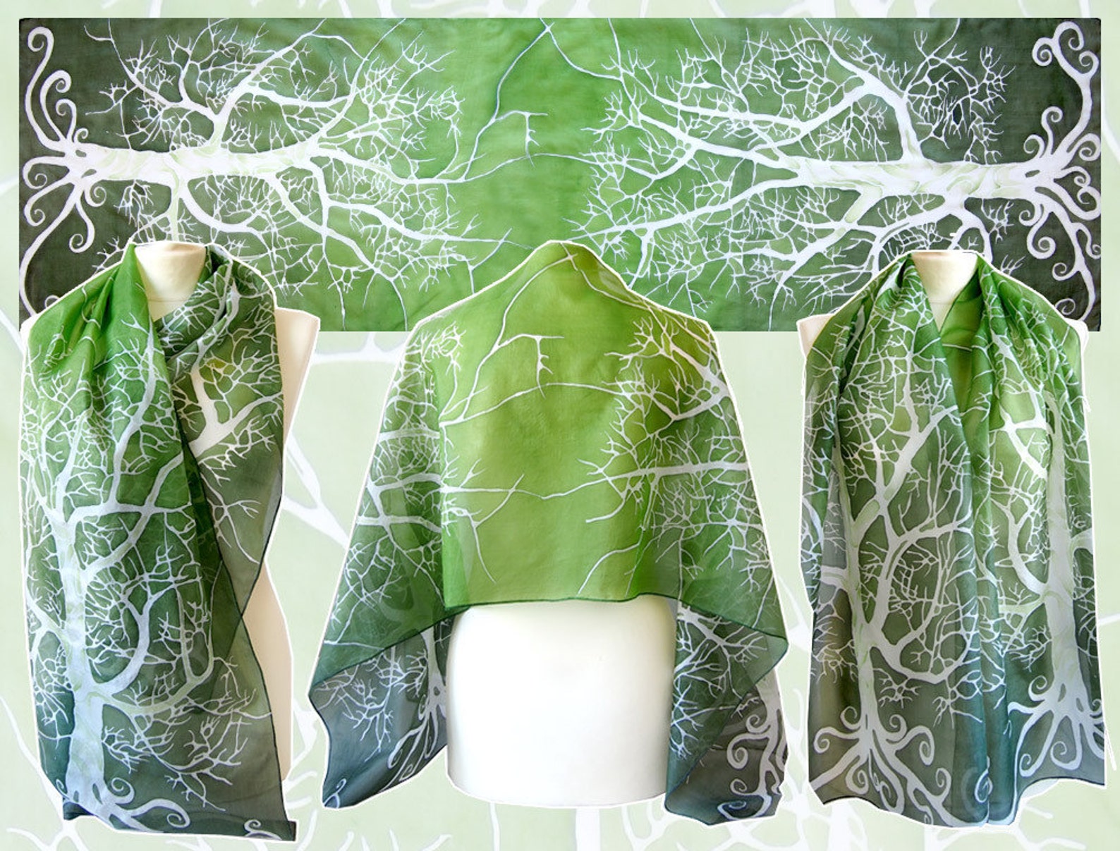 Long Silk Scarves White Tree in Green Scarf Hand Painted Hand - Etsy