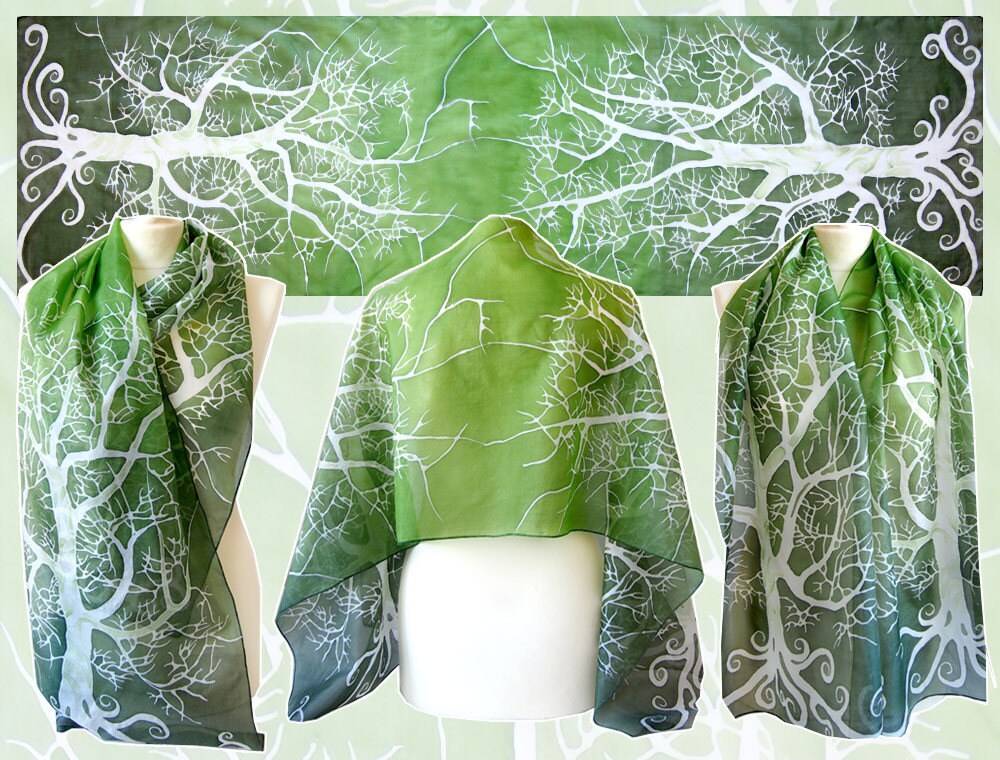 Long Silk Scarves White Tree in Green Scarf Hand Painted Hand Made ...