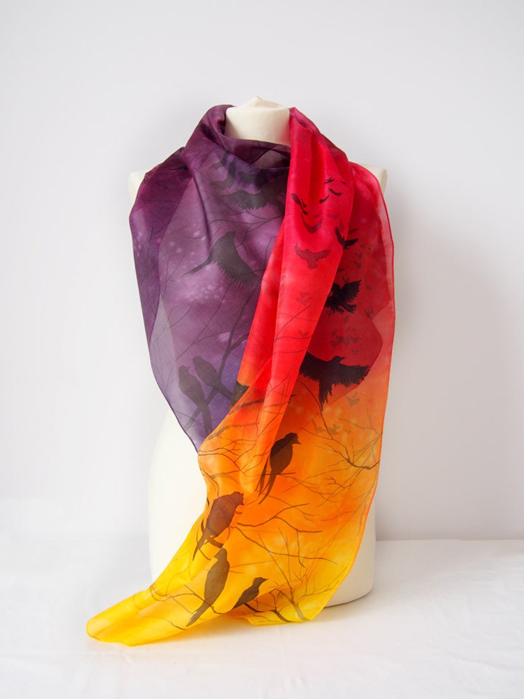 Scarf Sunset - Silk Scarf Birds in Sunset - Handpainted Scarf Dusk ...