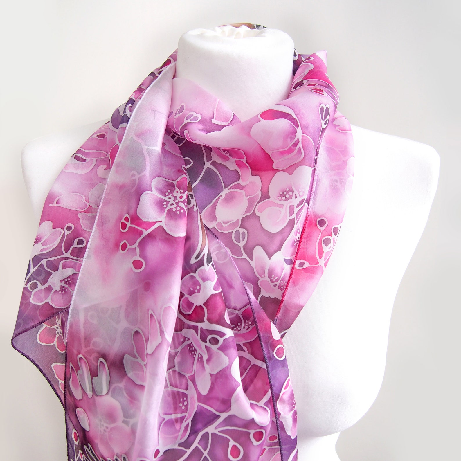 Cherry Flowers Scarf With Sparrow Birds, Hand Painted on Silk. - Etsy UK
