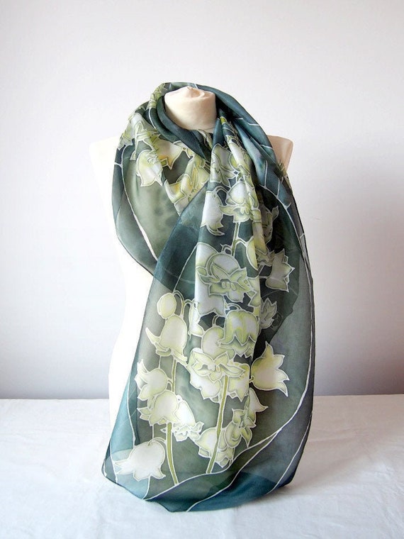 Silk scarf Lily of the Valley hand painted scarves in dark green art nouveau shawl foulard with big flowers mother s day gift delicate
