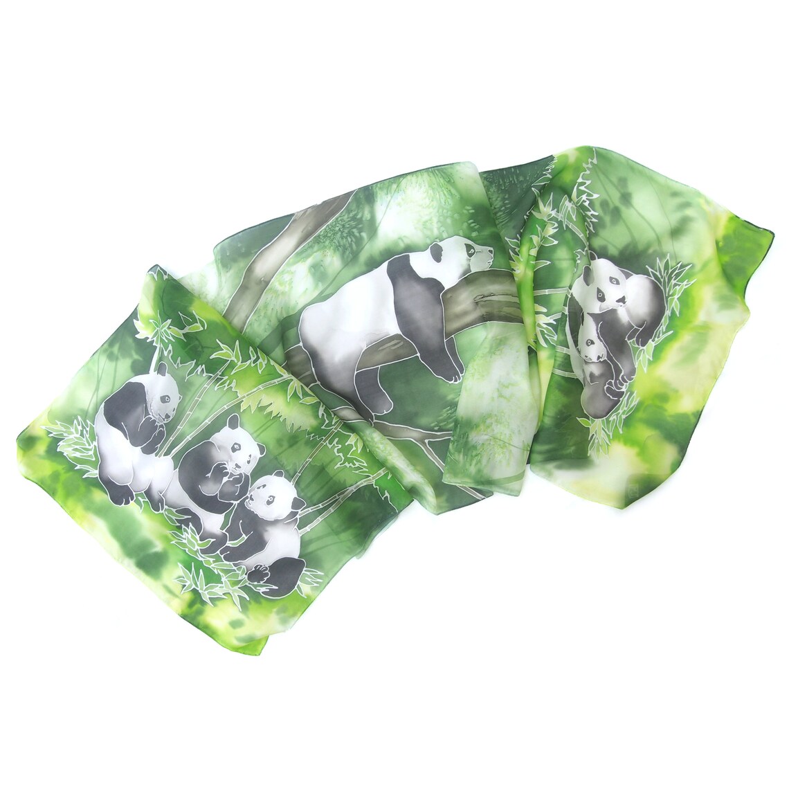 Panda Silk Scarf Green Silk Scarves Hand Painted With Black | Etsy