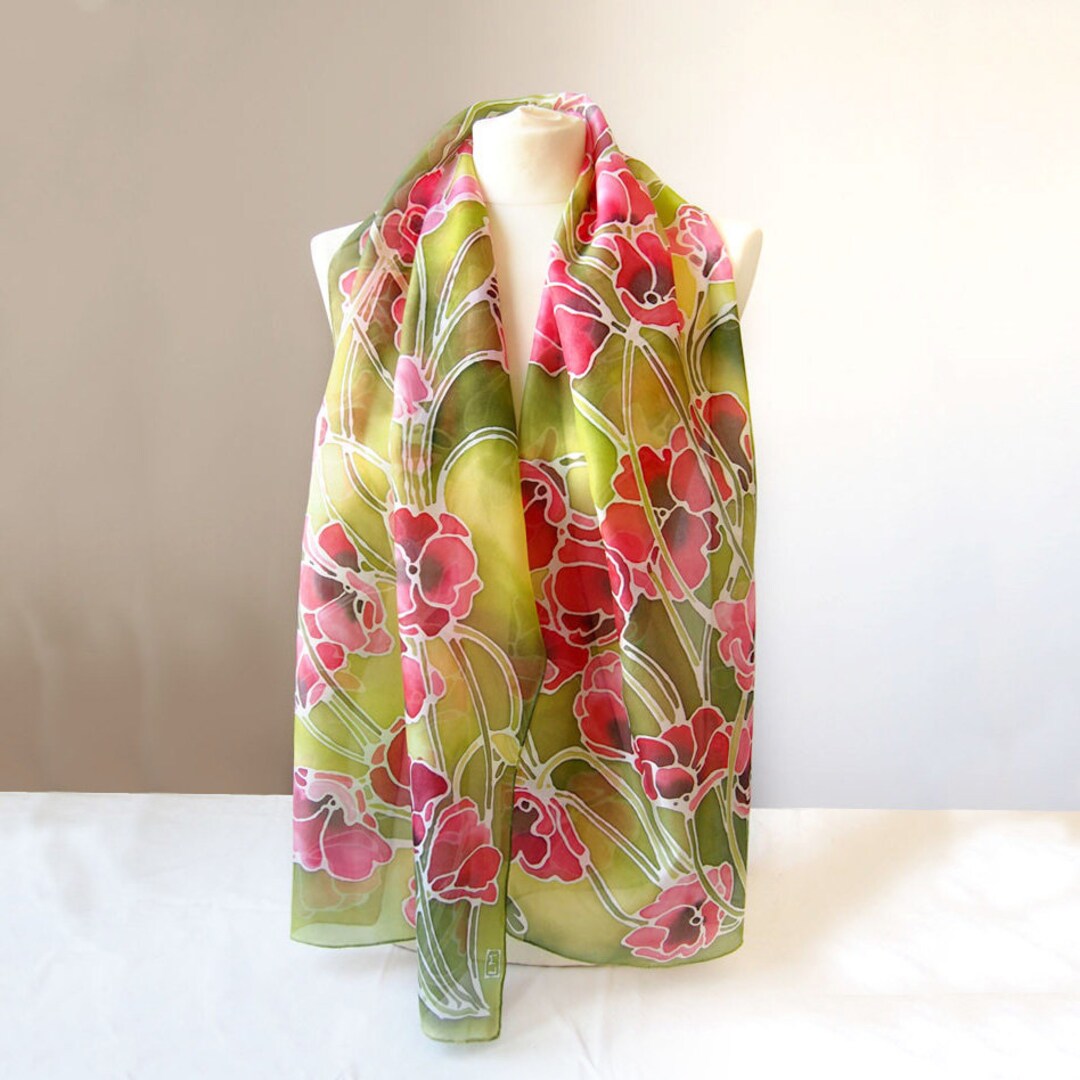 Silk Scarf Poppy, Hand Painted Scarves, Poppies Scarf, Red Flowers ...