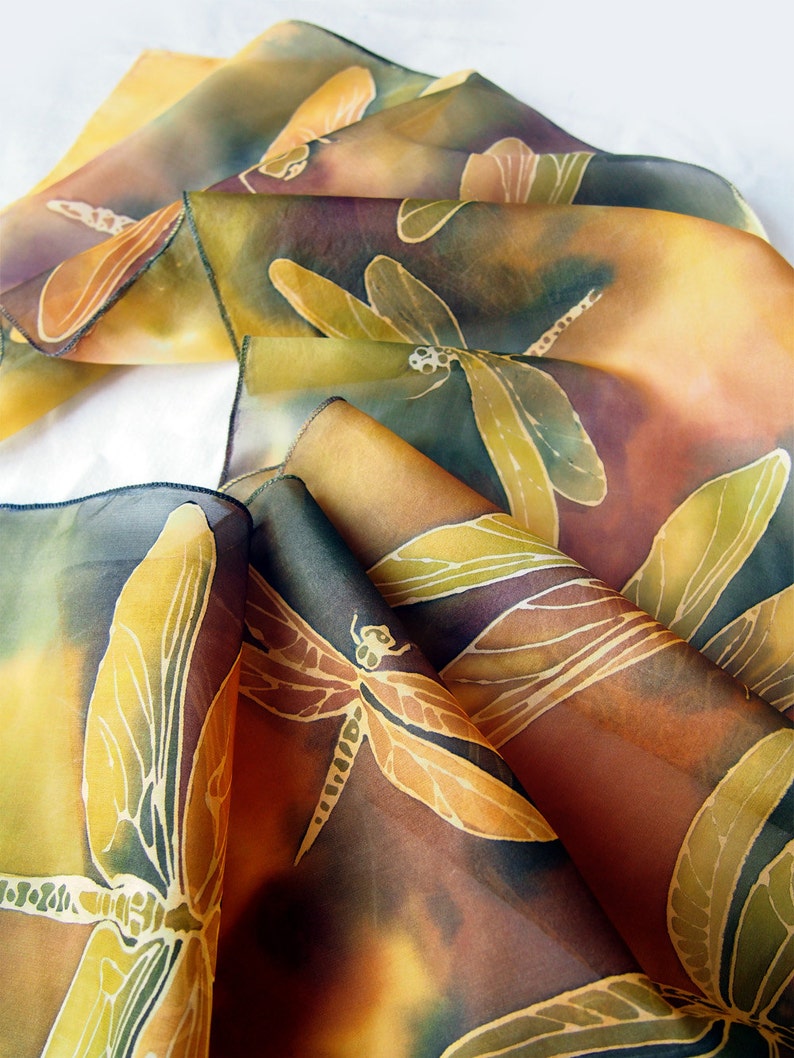 Hand Painted Dragonfly Silk Scarf – Tropical Green Neck Scarf, Insect ...