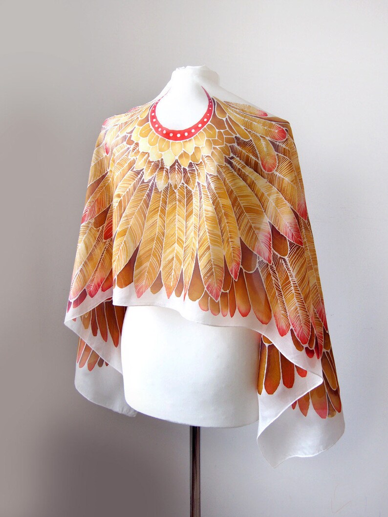 Gold Wings Scarf Big Silk Scarves Hand Painted Feathers | Etsy