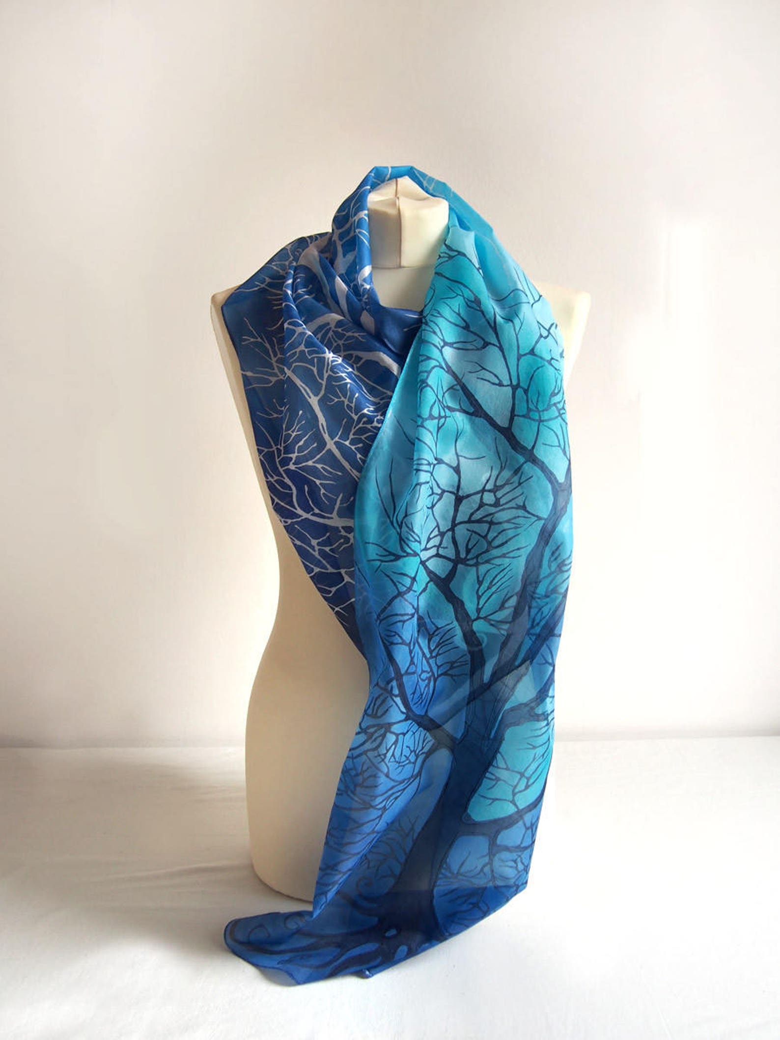 Long Silk Scarf Trees in Blue, Hand Painted Scarves, Blue Scarf, White ...