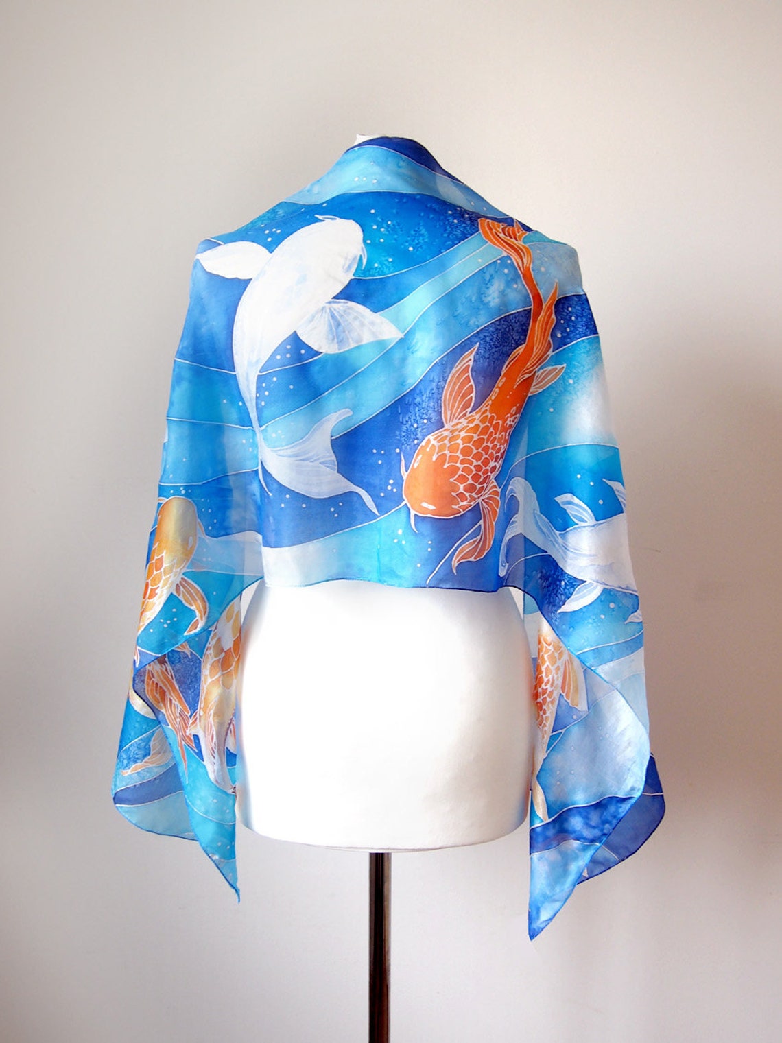 Blue Silk Scarf With Fish Hand Painted Koi Fish Lucky Charm - Etsy