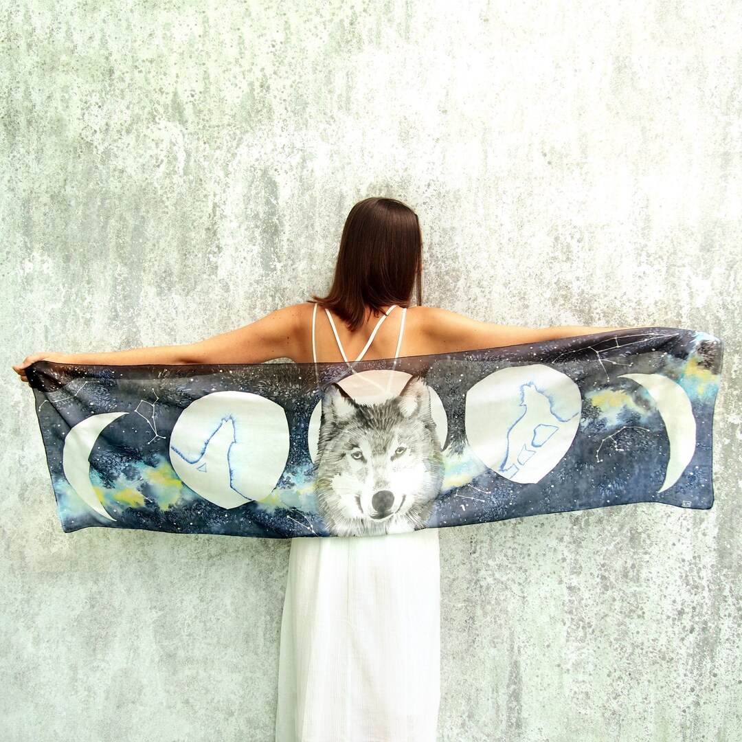 Wolf Moon Scarf, Painted on Silk, Unisex Goth Gift With Dark Fantasy ...