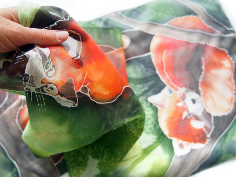 Red Panda Scarf Hand Painted Silk Scarves With Endangered - Etsy