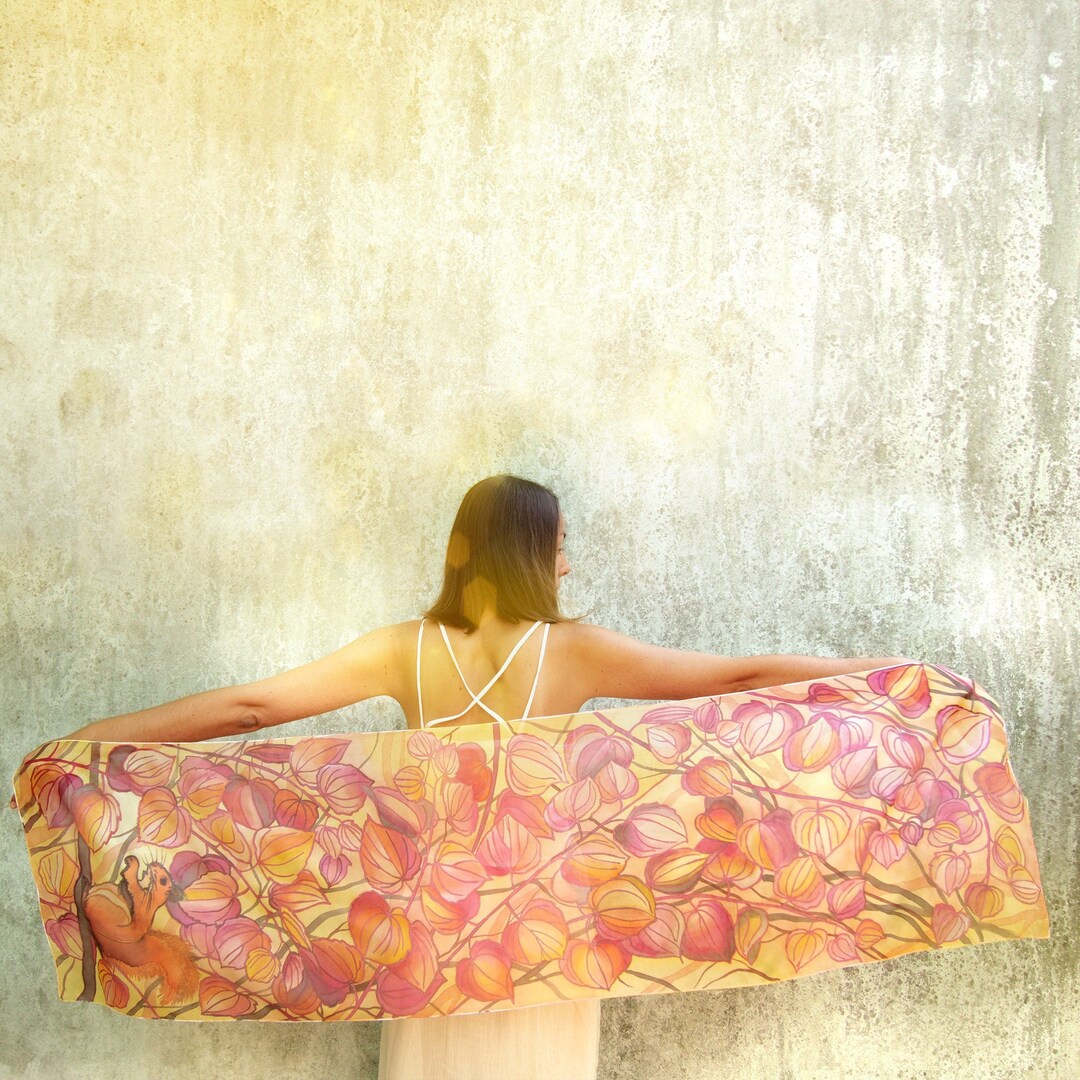 Autumn Leafs Silk Scarf Red Squirrel, Hand Painted on Long Scarves ...