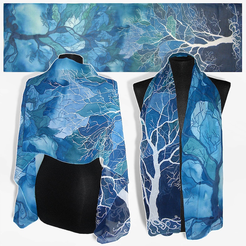 Long Silk Scarf Trees in Blue, Hand Painted Scarves, Blue Scarf, White ...