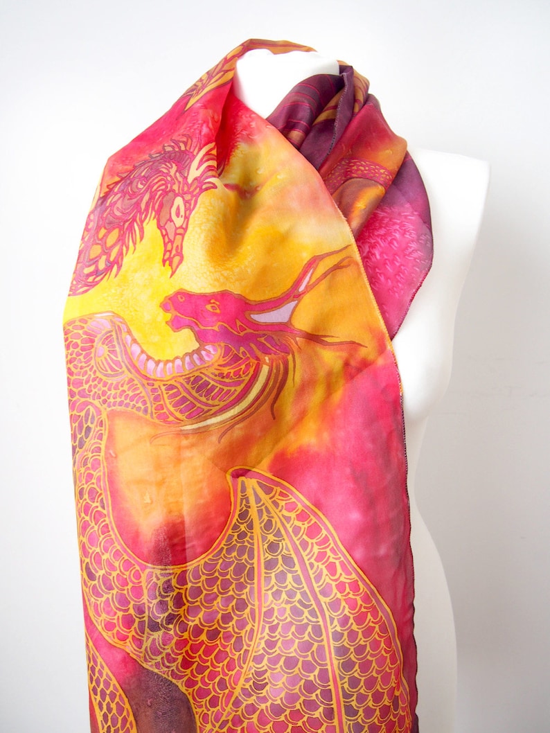 Red dragons silk scarf hand painted silk scarves fantasy | Etsy