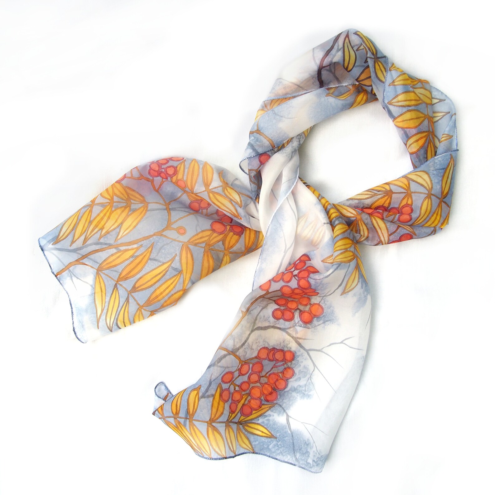 Mountain Ash Scarf Hand Painted Gray & White Silk Scarf With - Etsy