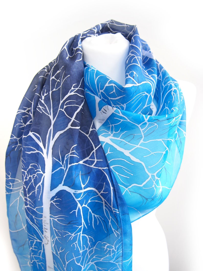 Unisex blue scarves with birch tree hand painted on natural | Etsy
