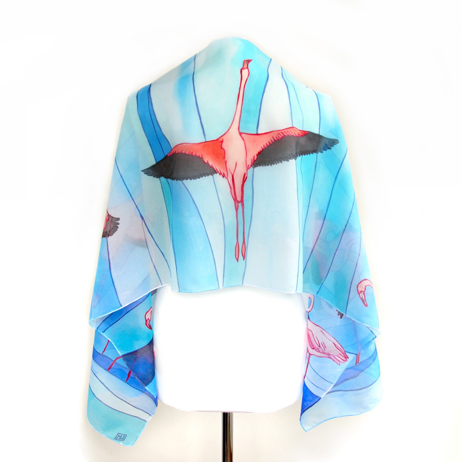 Flamingo Scarf Pink Birds Hand Painted on Pure Silk Scarves in Blue ...