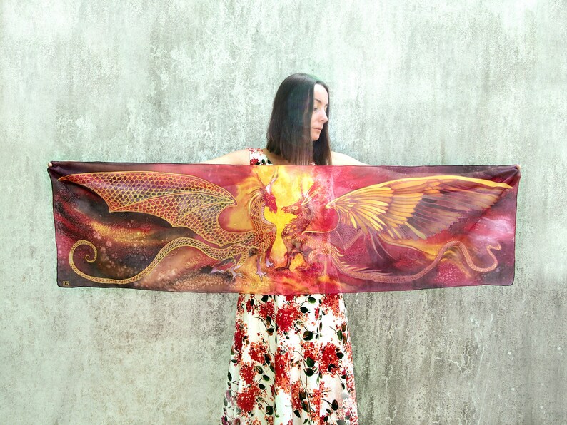 Red dragons silk scarf hand painted silk scarves fantasy | Etsy