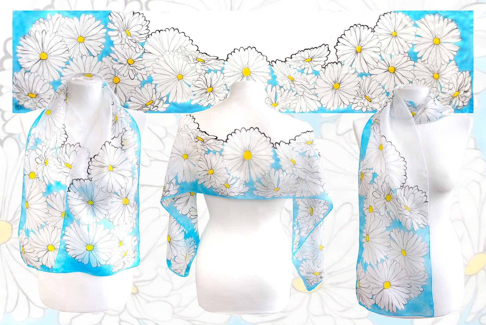 Daisy Silk Scarf Hand Painted on Pure Silk Slim Scarves in White and ...