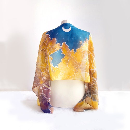 Silk Scarf Moon Hand Painted Elves Scarf Fantasy Forest Art - Etsy