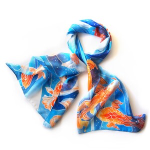 Blue Silk Scarf With Fish, Hand Painted Koi Fish, Lucky Charm Gift for ...
