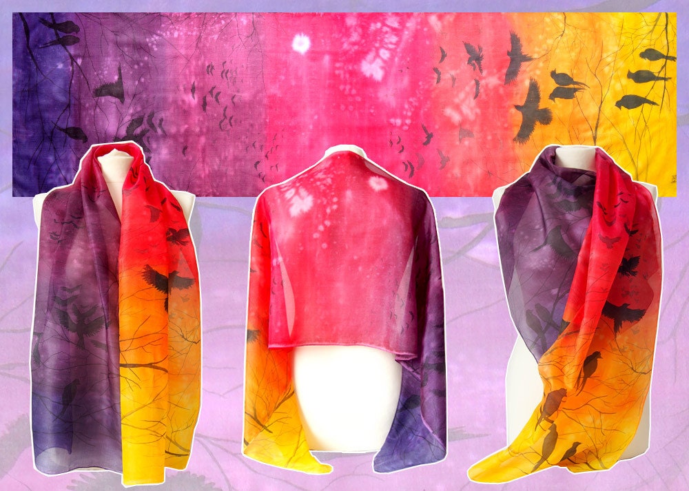 Scarf Sunset - Silk Scarf Birds in Sunset - Handpainted Scarf Dusk ...