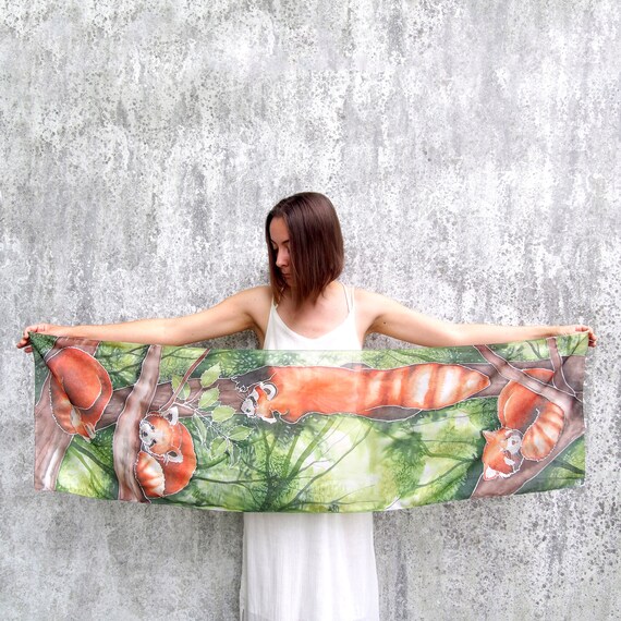Red Panda Scarf Hand Painted Silk Scarves With Endangered - Etsy