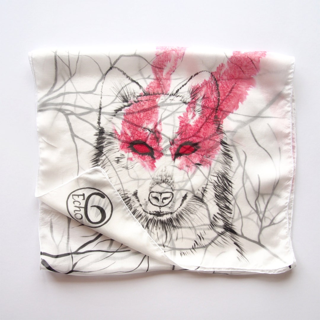 White Wolf Silk Scarf Fantasy Scarves White Scarf With Hand Painted Red ...