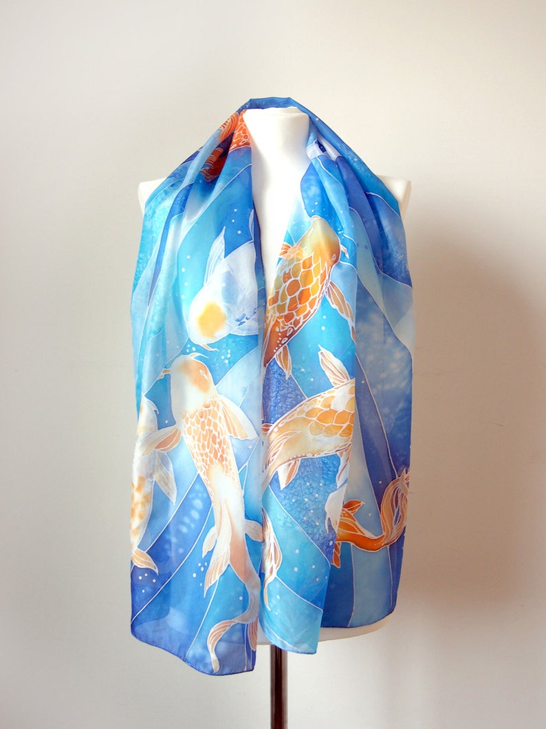 Blue Silk Scarf With Fish Hand Painted Koi Fish Lucky Charm - Etsy