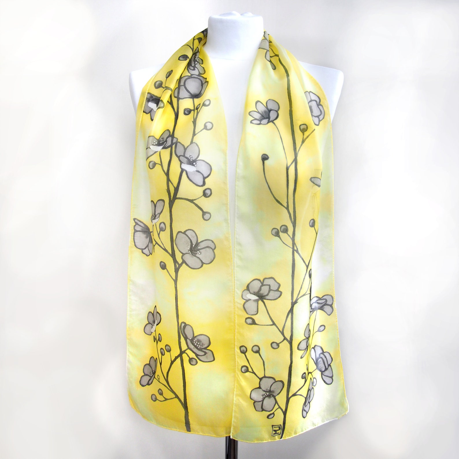 Yellow Silk Scarf With Anemone Flowers Sunny Yellow Scarves | Etsy