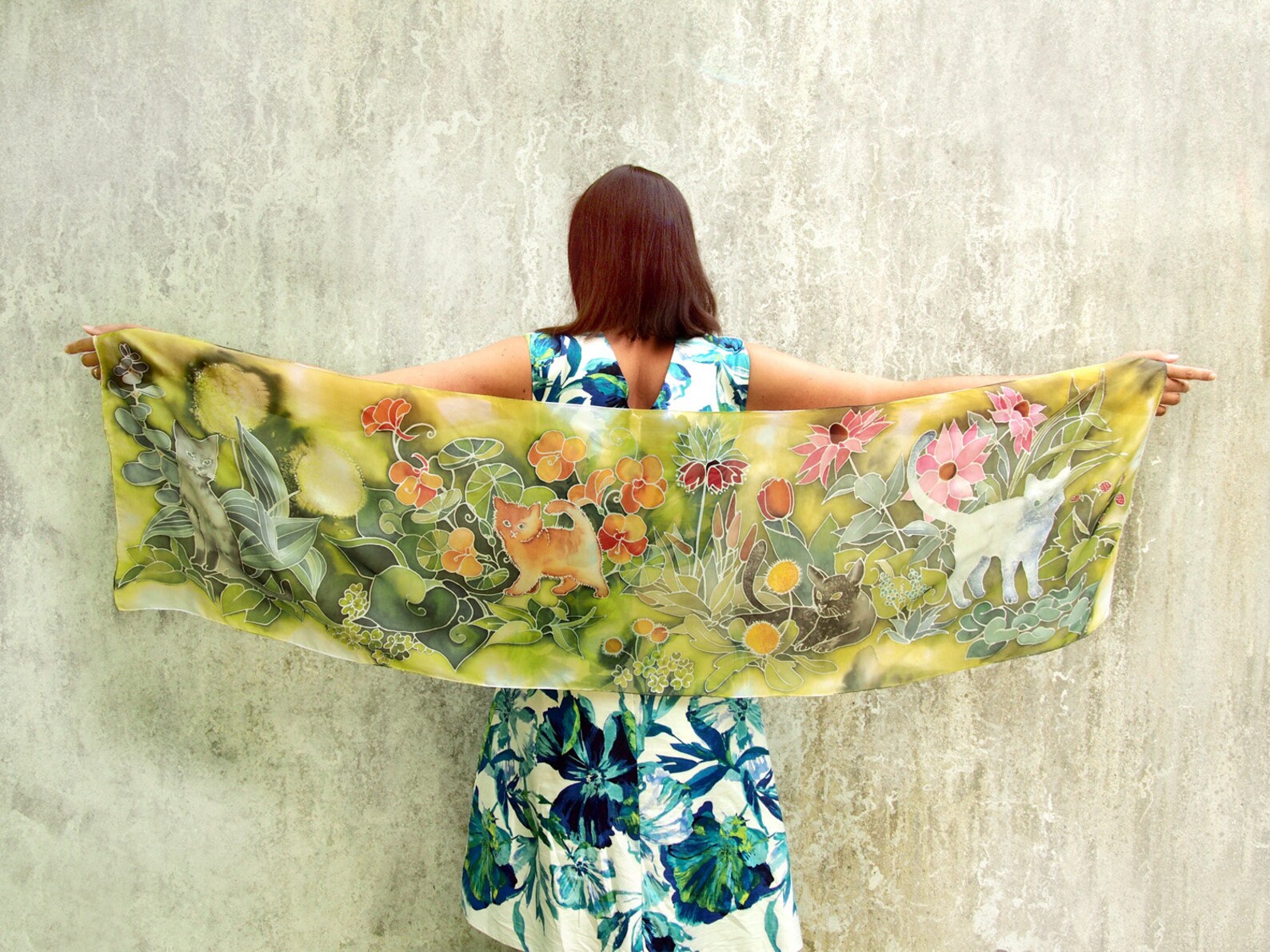 Cats Scarf Hand Painted on Silk With Animals and Flowers. - Etsy