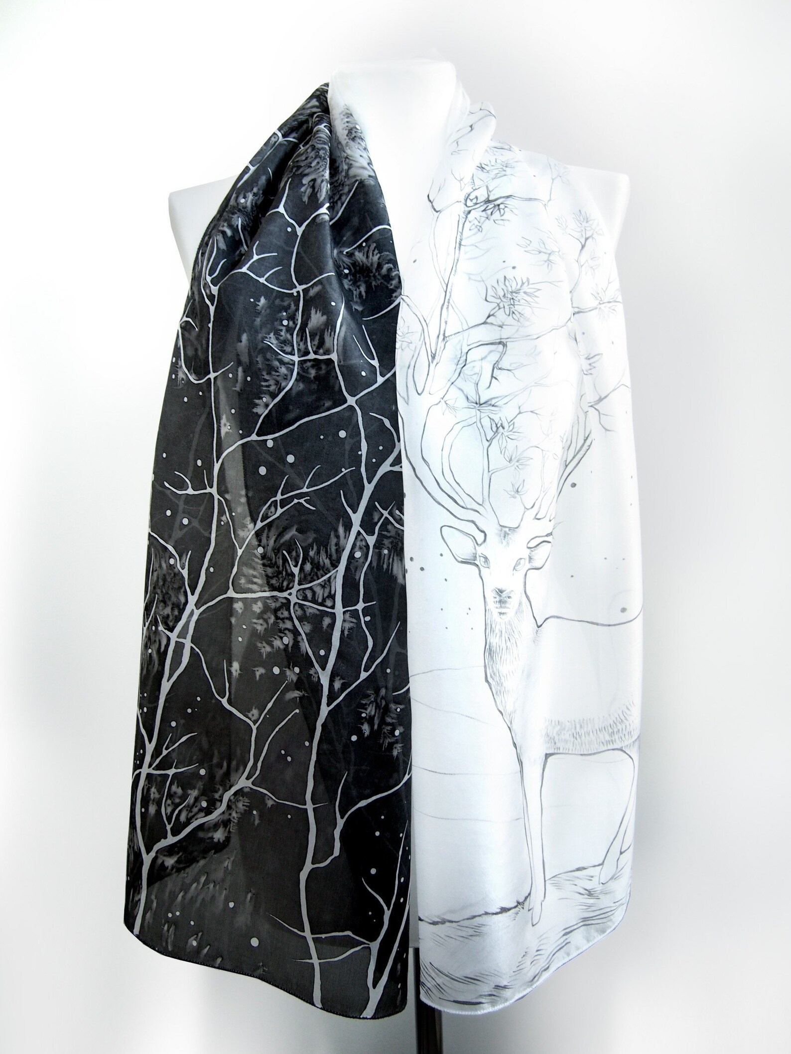 Black Moon Scarf Hand Painted on Silk With Deer Forest God | Etsy