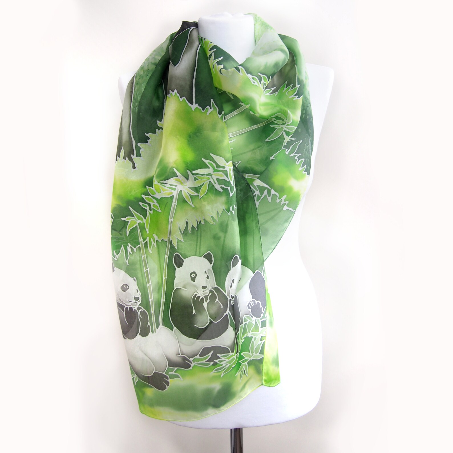Panda Silk Scarf Green Silk Scarves Hand Painted With Black | Etsy