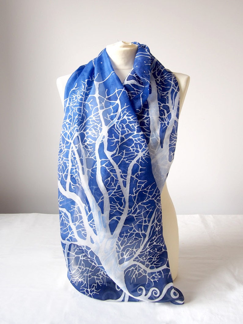 Silk Scarves White Tree Long Silk Scarf Fantasy Scarf Navy - Etsy