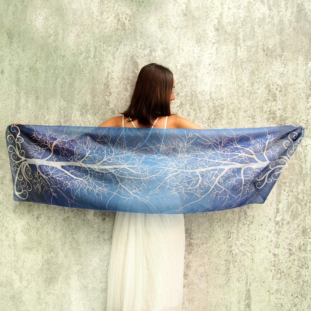 Silk Scarves White Tree Long Silk Scarf Fantasy Scarf - Navy Blue White ...