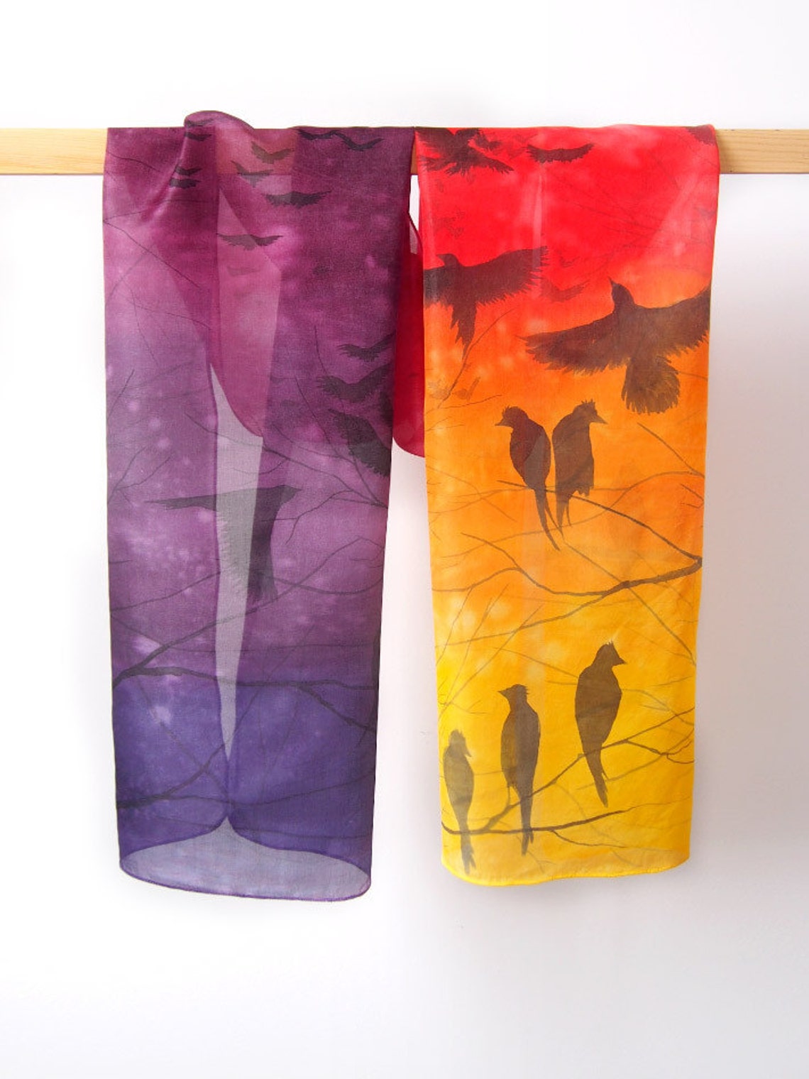 Scarf Sunset - Silk Scarf Birds in Sunset - Handpainted Scarf Dusk ...