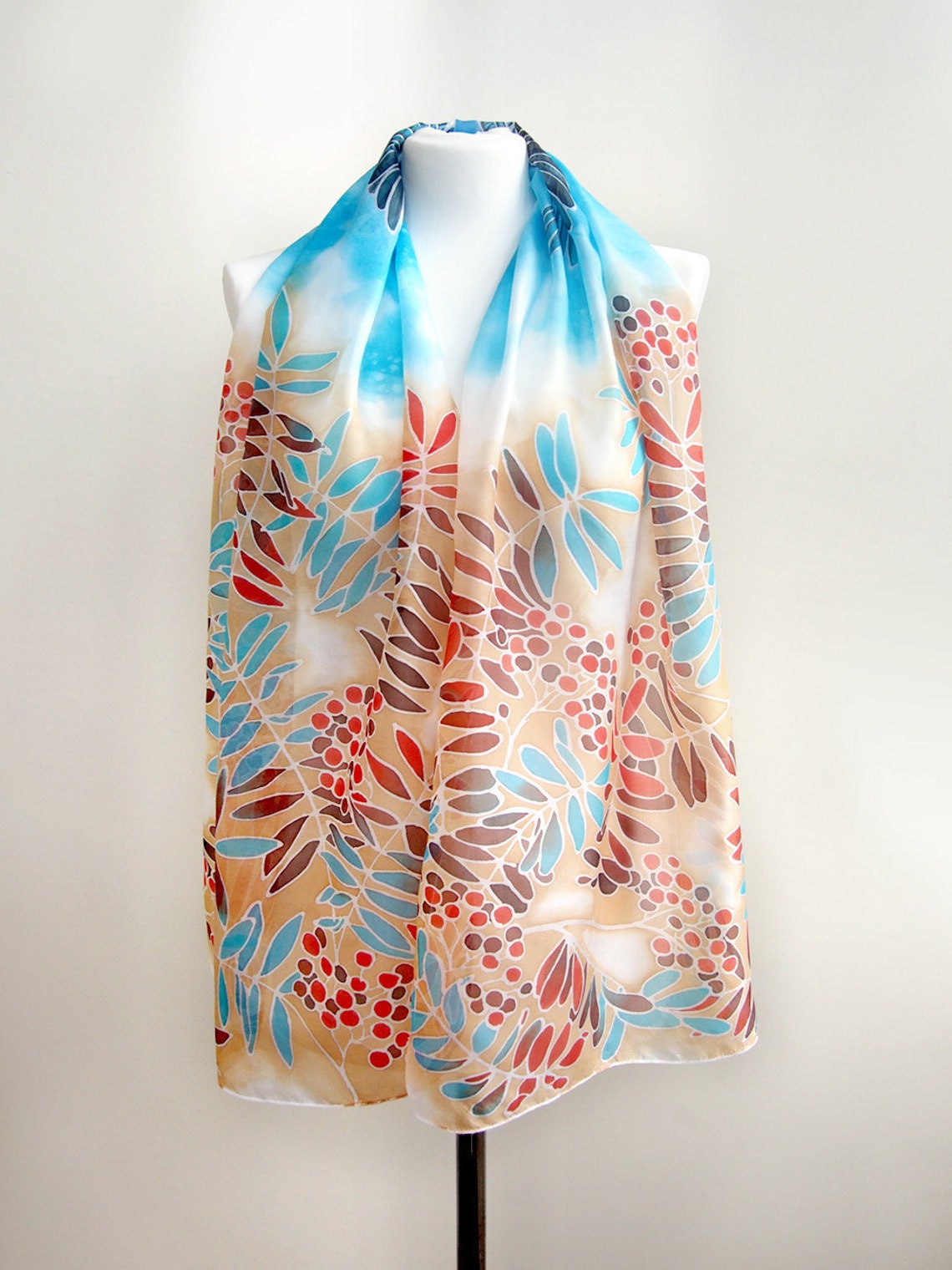 Blue Jay Scarf Hand Painted Silk Scarf Turquoise Brown and | Etsy