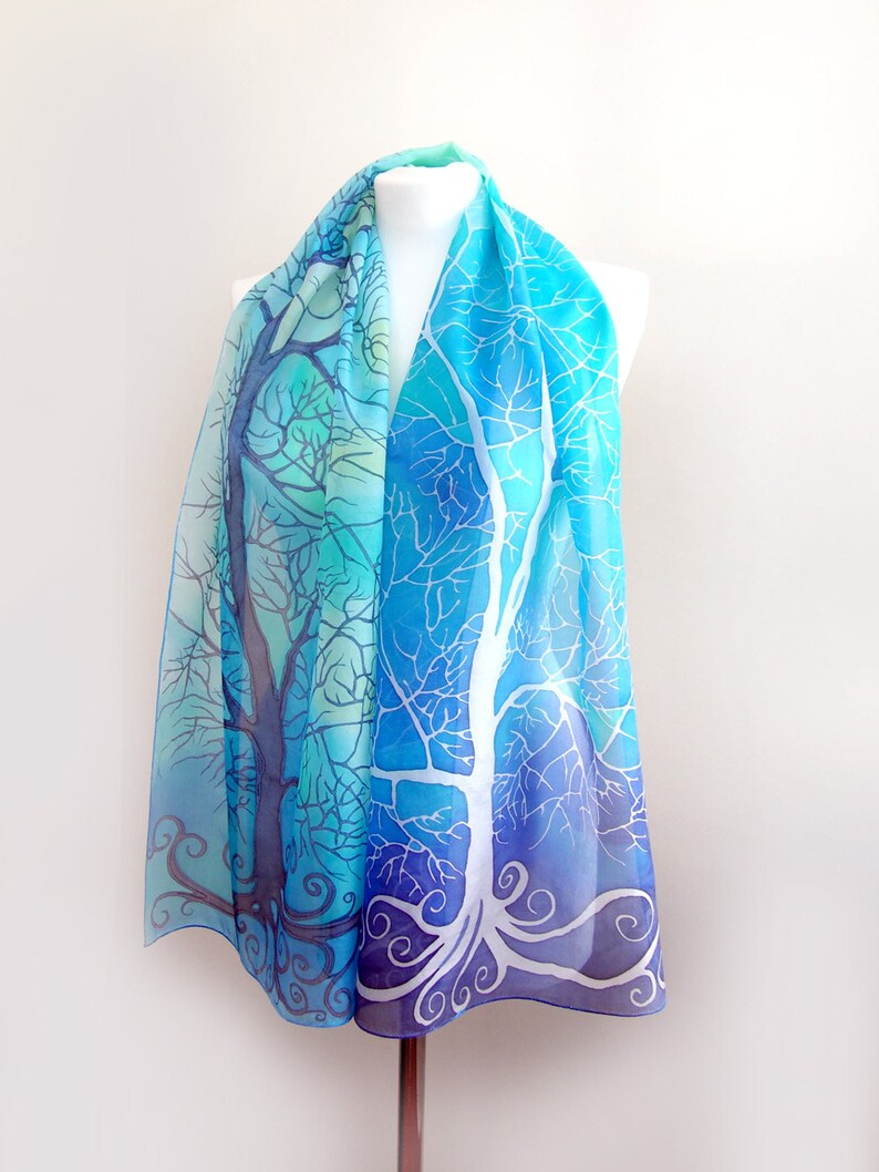 Mint Blue Silk Scarf Trees Scarf Hand Painted Silk - Etsy