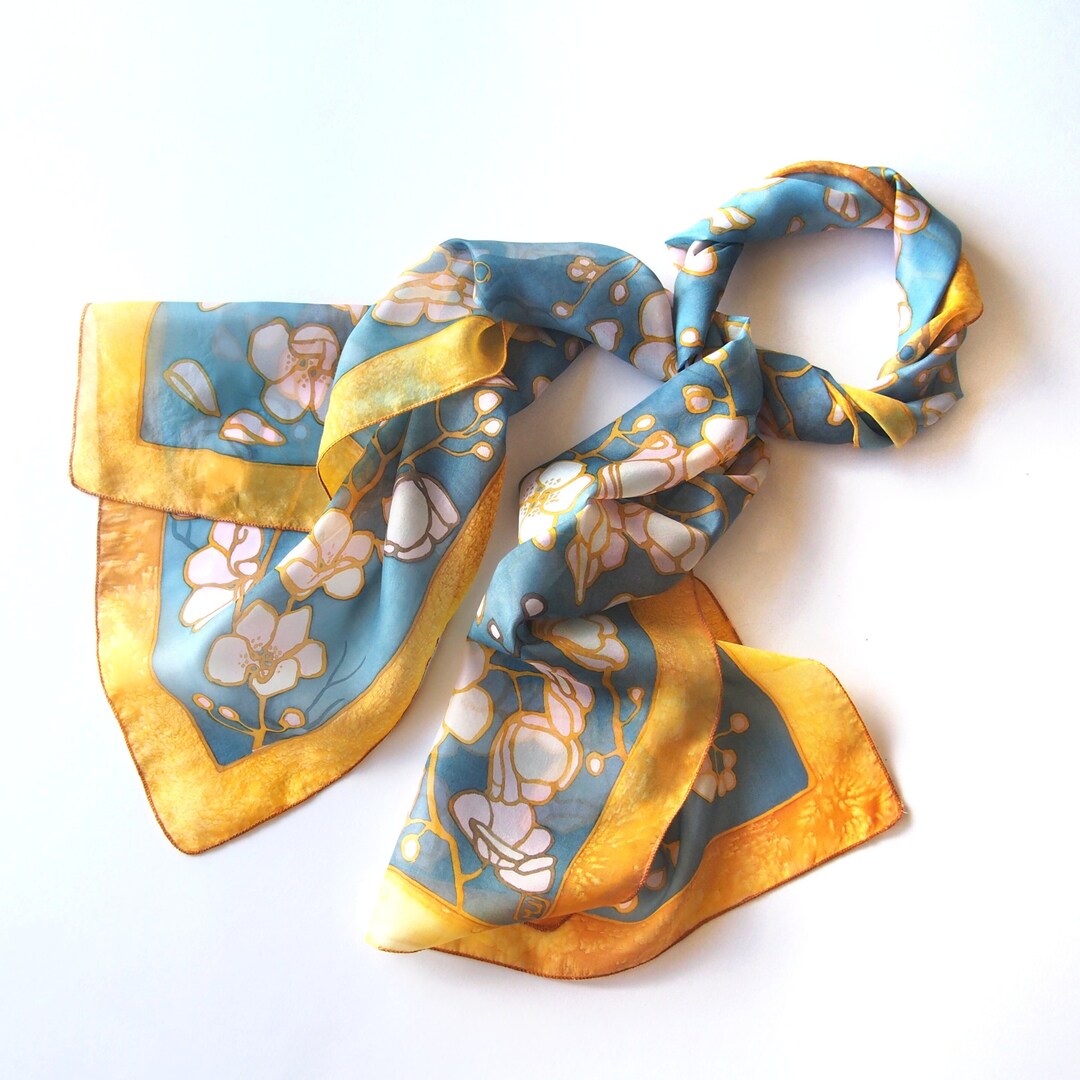 Gold Sakura Scarf, Hand Painted Silk Scarves With Yellow Border on Blue ...