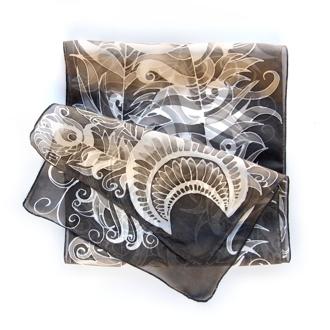 Black & White Scarf, Gothic Scarf, Feathers Silk Scarf, Hand Painted ...
