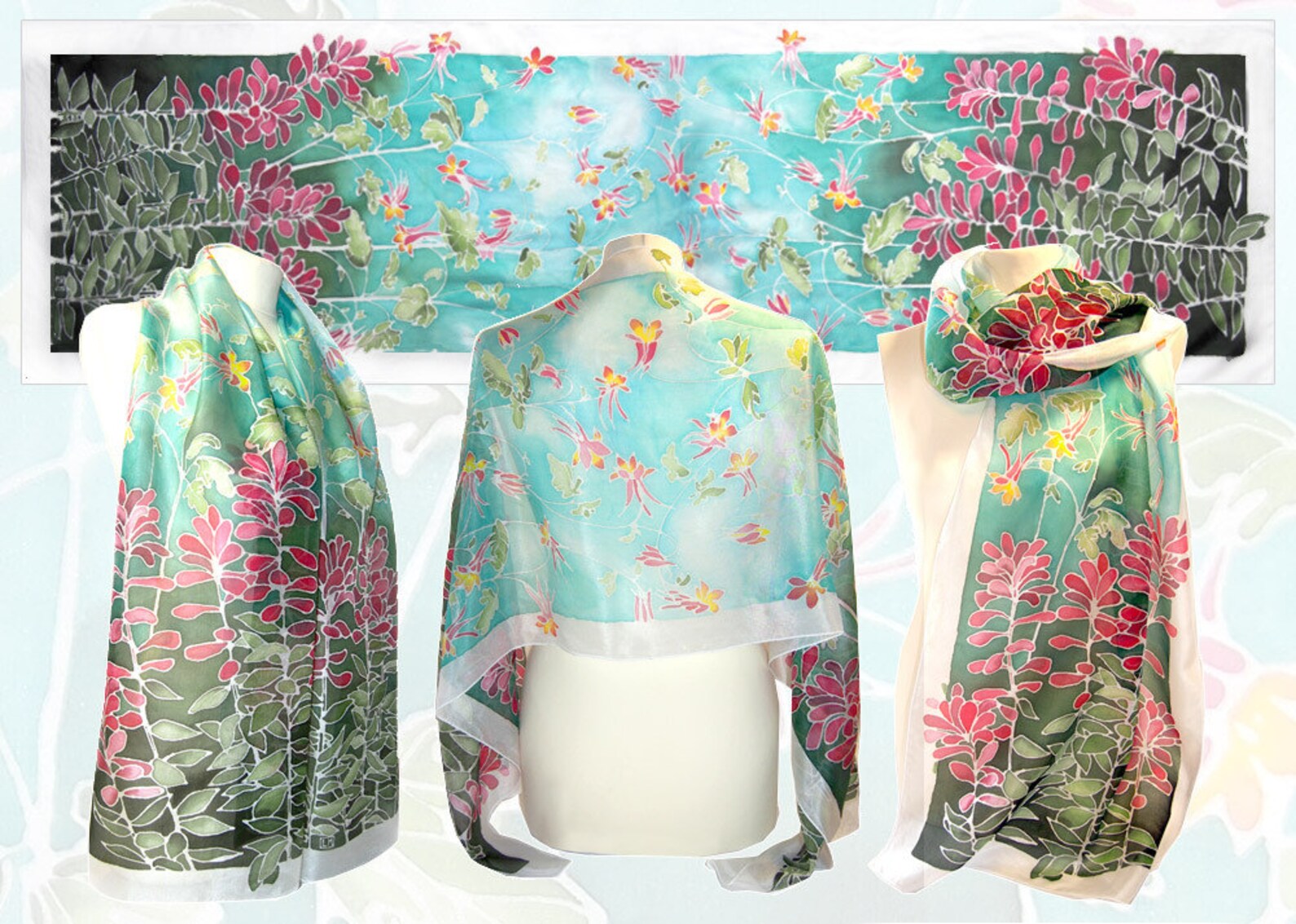 Hand Painted Scarf Columbines and Indian Paintbrush Flowers. Women Silk ...
