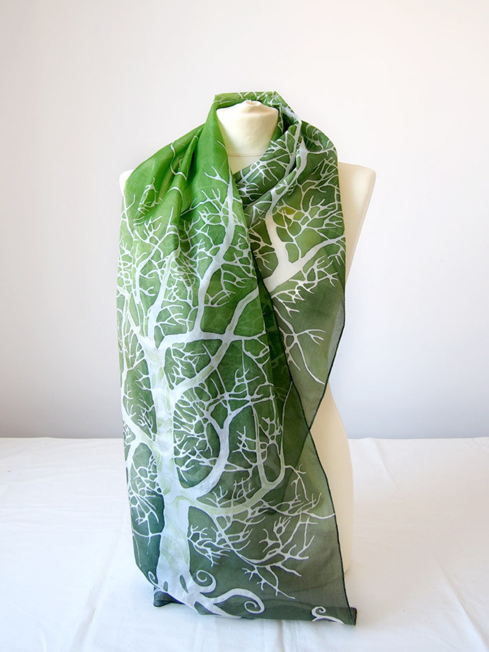 Long Silk Scarves White Tree in Green Scarf Hand Painted Hand - Etsy