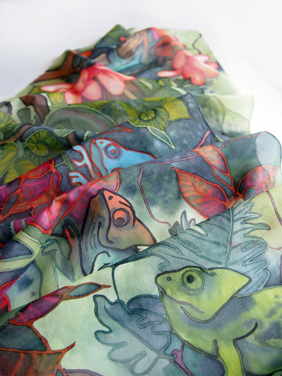 Chameleon Scarf, Lizard Silk Scarves Hand Painted. Exotic Animal Gift ...