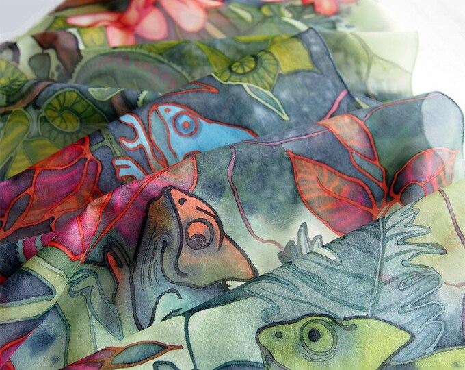 Chameleon Scarf, Lizard Silk Scarves Hand Painted. Exotic Animal Gift ...