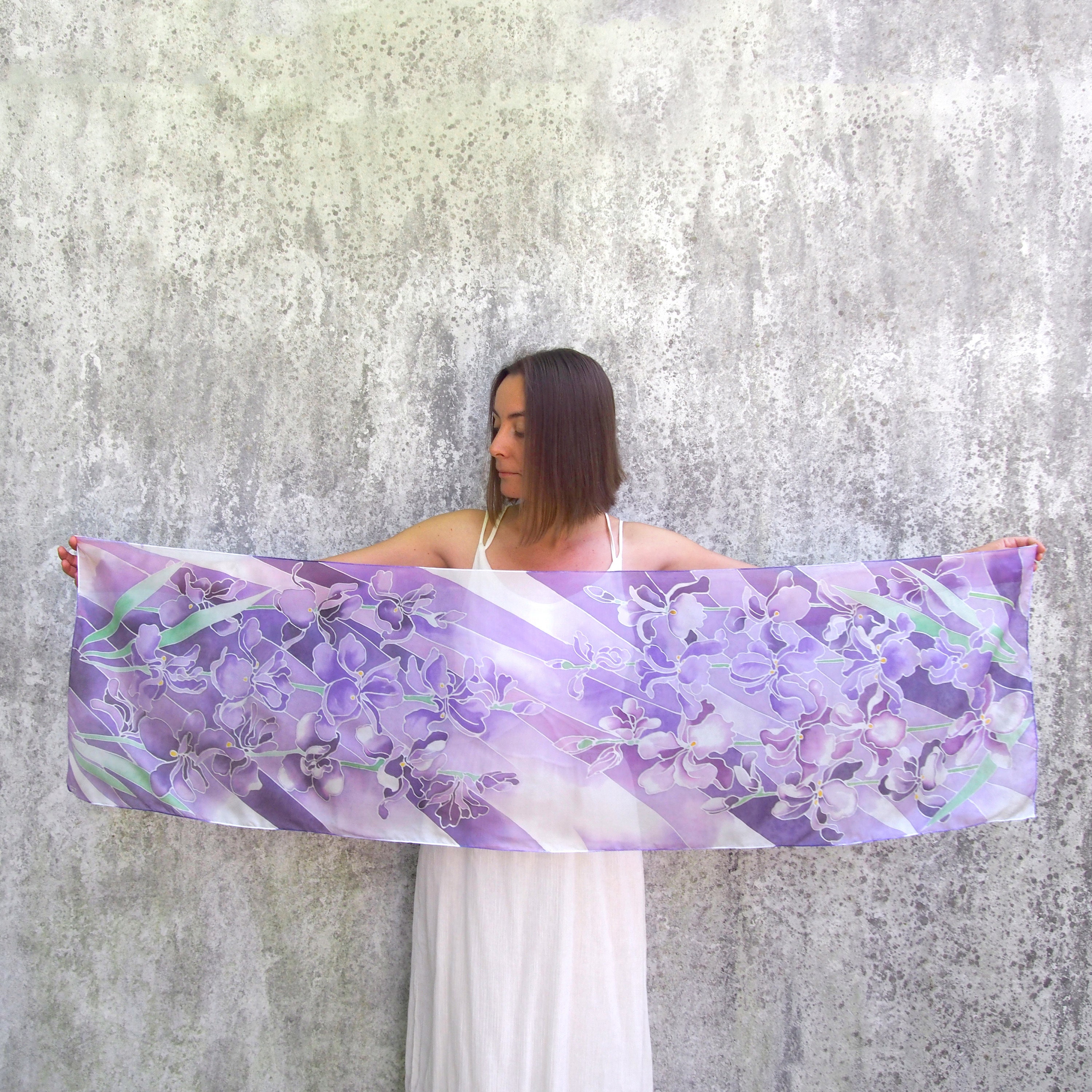 Silk scarf purple iris hand painted scarves with violet | Etsy