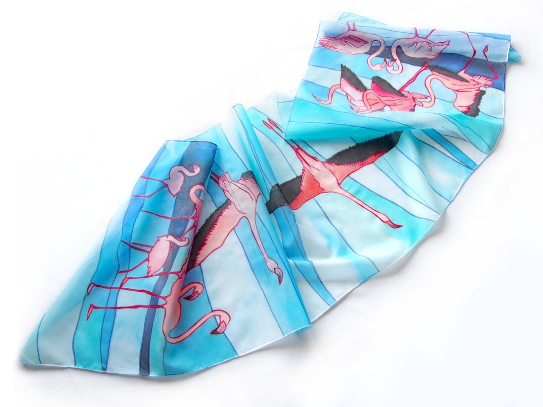 Flamingo Scarf - Pink Birds Hand Painted on Pure Silk Scarves in Blue ...